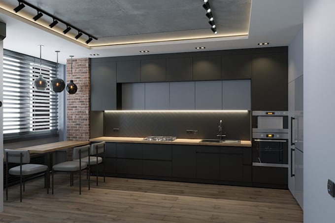 Kitchen design, furniture layout, photorealistic 3d rendering by ...