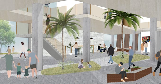 Create an interior render with a photoshop collage style by ...