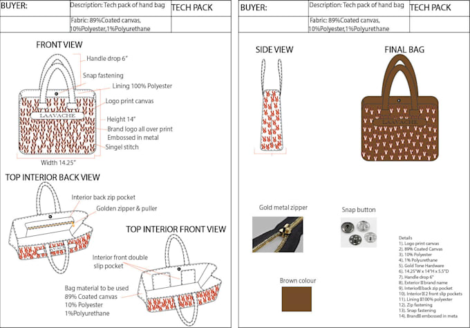 Tech pack bag design flat sketch technical drawing and manufacturing by ...