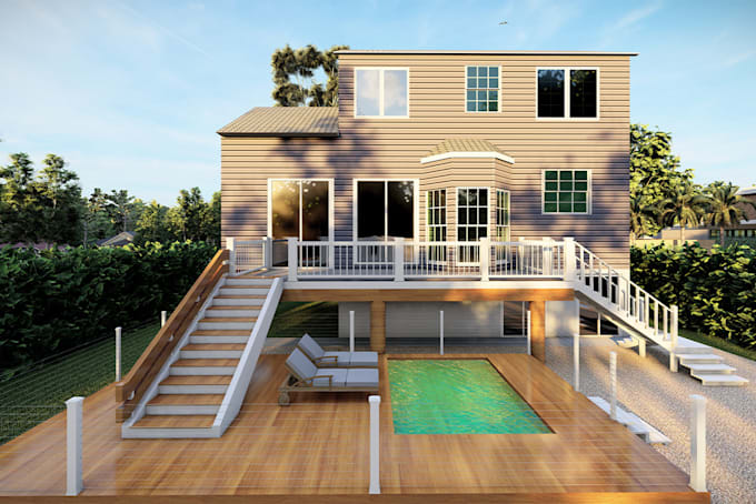 Backyard design, deck, cabana, hot tub, jacuzzi, pool, lawn, side yard, railing by Shahalam12 ...