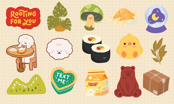 Illustrate 5 cute doodle stickers by Jade31771 | Fiverr