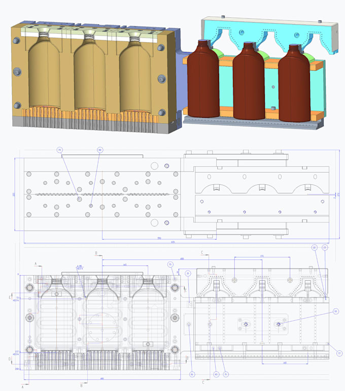 Injection mold design, blow mold design and product design, drawings by ...
