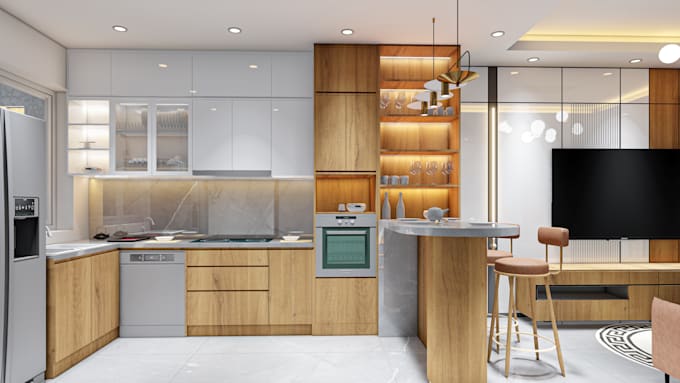 Create 3d modular kitchen interior design and render images by Keval ...