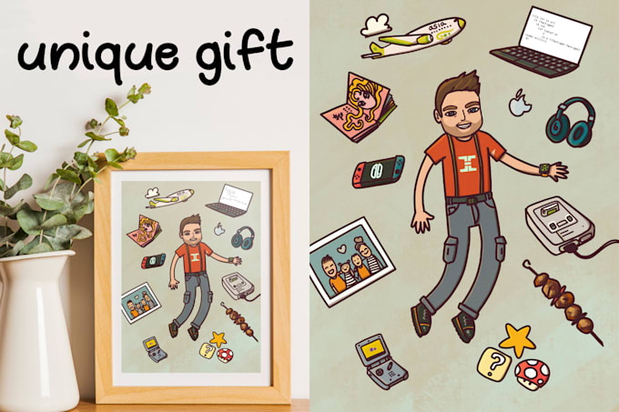 Draw a portrait of your friend or partner and their fav things and ...