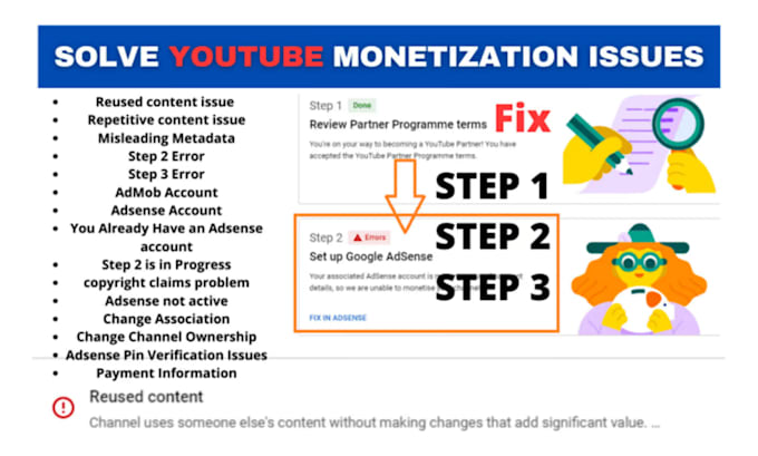 Fix youtube monetization issues, reused content issue, adsense problem by Mediahub11 | Fiverr