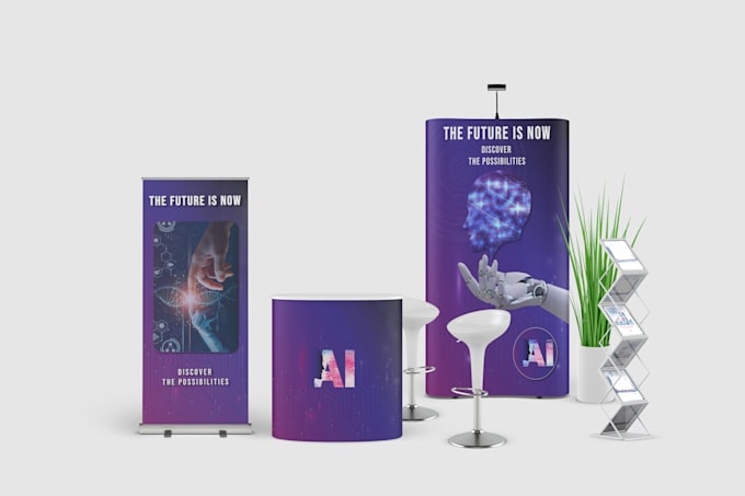 Design trade show booth, kiosks, roll up banners, backdrop for exhibition by Hussainali165 | Fiverr