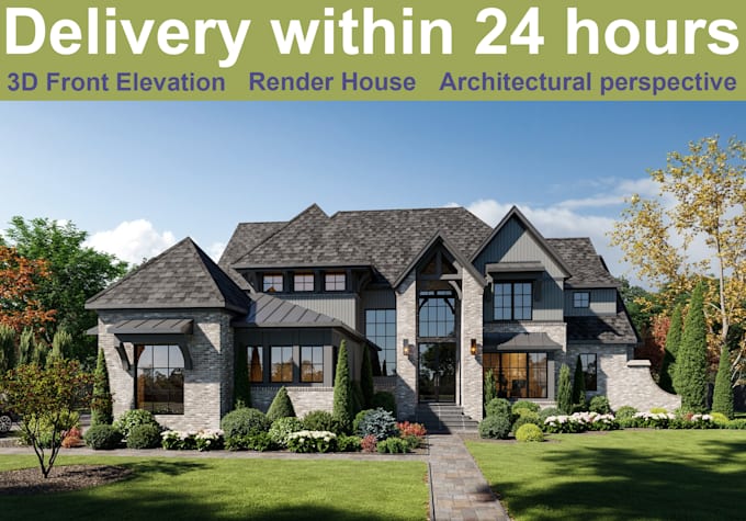 Create realistic images exterior, front elevation, site plan for your ...