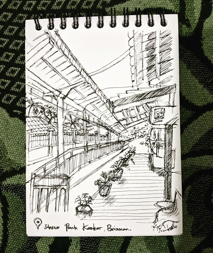 Hand drawing architectural sketches of buildings with ink by ...