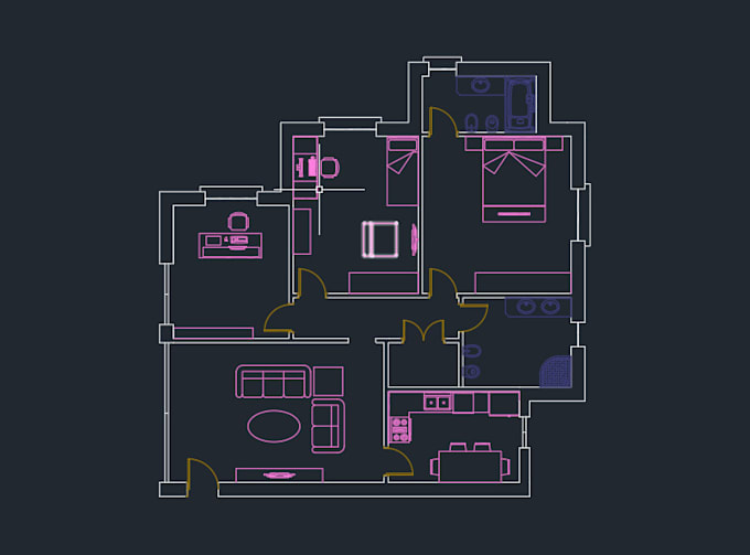 Design a 2d plan of an on autocad furniture on request with no added ...
