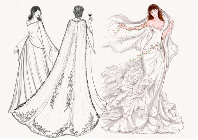 Draw a fashion illustration and sketch , bridal wedding dress, prom and ...