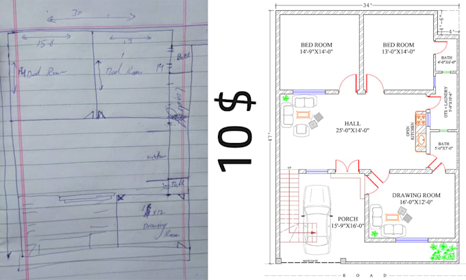 Expertly convert pdf, sketch, or image to 2d floor plan by Fida792 | Fiverr