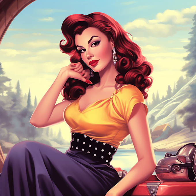 Create pin up illustration, beautiful pin up girl illustration, by ...