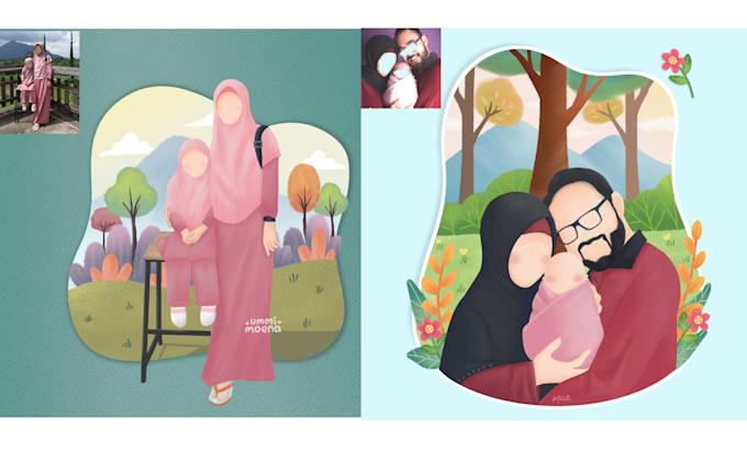Draw cute faceless islamic cartoon portrait, couple, family by ...