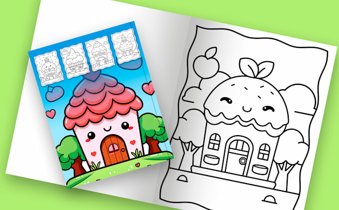 Create whimsical coloring pages of cute houses and nature scenes for ...