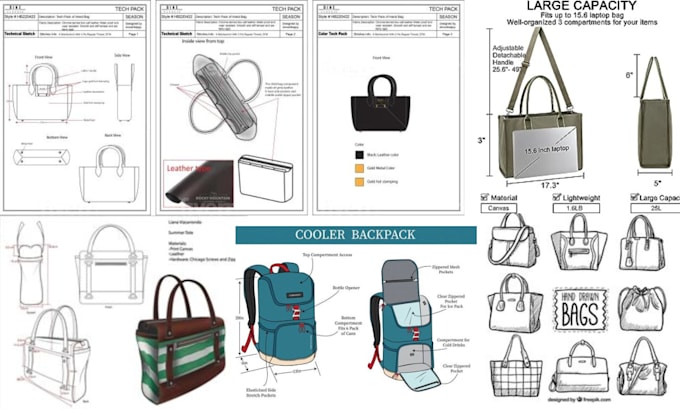 Design any bags, bag tech pack, handbag, tote bag, technical drawing ...
