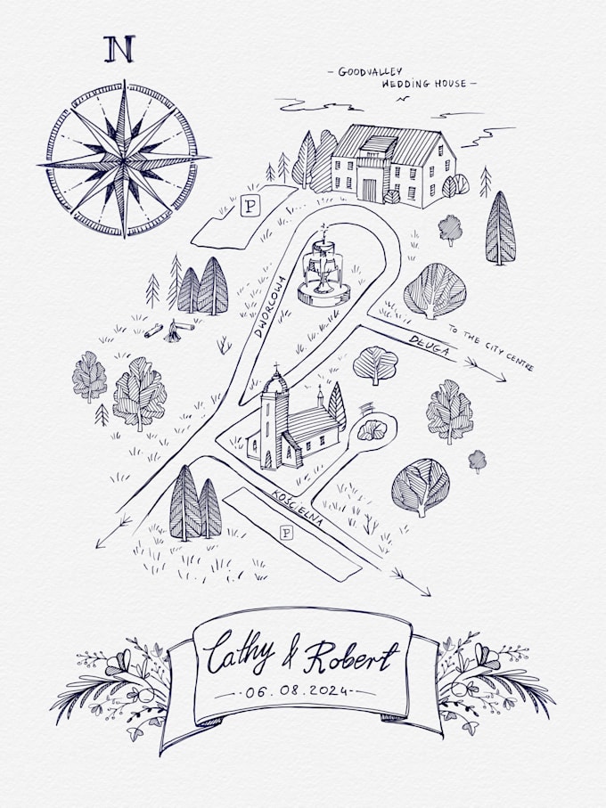 Customized hand drawn ink wedding map by Szybkaiokienko | Fiverr