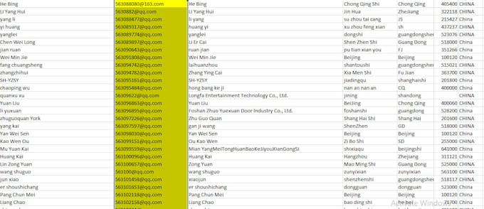 Provide the data of 1000 email companies in the china in an excel file ...