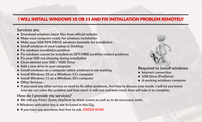 Install windows 10 or 11 and fix installation problem remotely by Psd_ai_pdf_doc | Fiverr