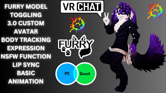 Create vrchat avatar, 3d furry model, fursona, nsfw, vtuber, vseeface ...