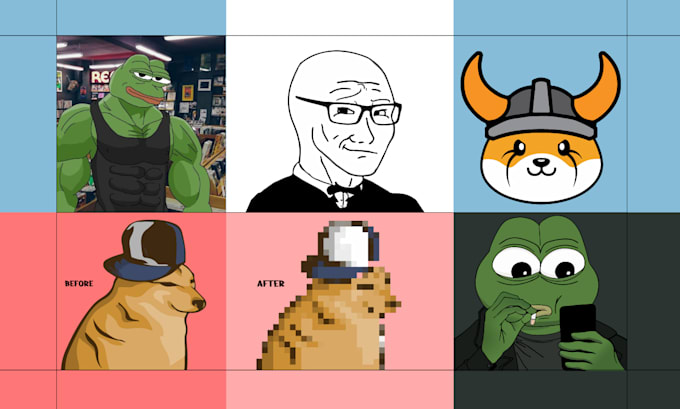 Design famous crypto memes, pepe, shiba inu, mascots, animals, cartoons ...