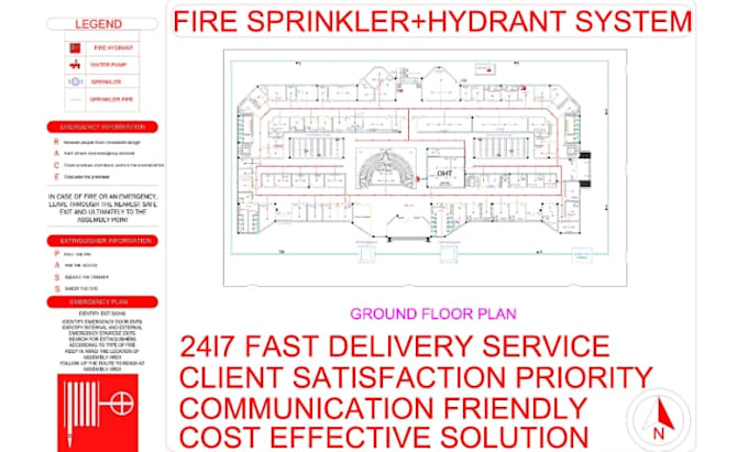 Design fire safety plan, evacuation route, fire hydrant, alarm and ...