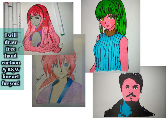 Draw free hand cartoon portrait and black white outline and threshold ...