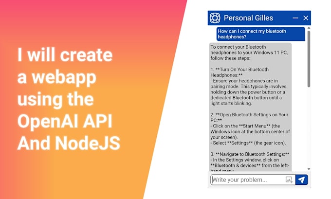 Create a webapp using the chatgpt api and nodejs by Gillo04 | Fiverr Create a webapp using the chatgpt api and nodejs by Gillo04 | Fiverr