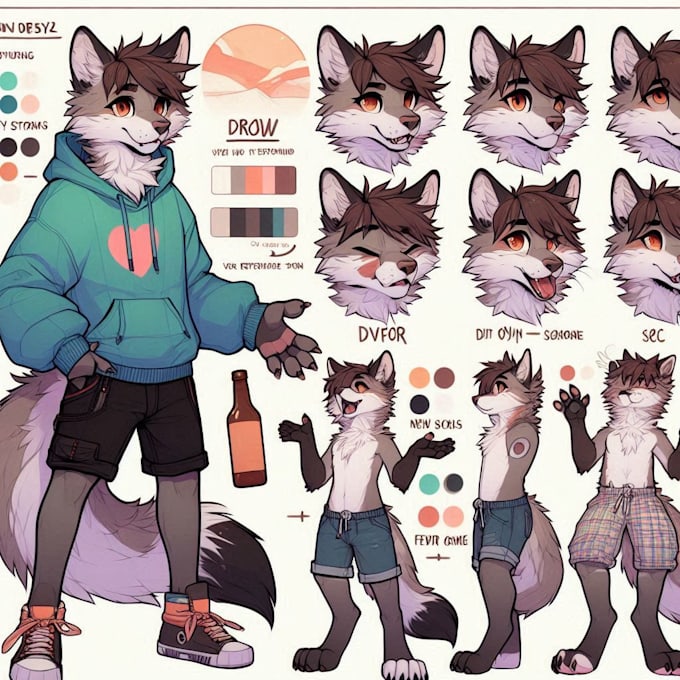 Draw furry character reference sheet vtuber illustration avatar oc ...