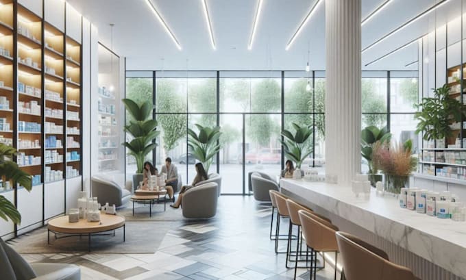 Realistic cgi 3d render clinic interior design for pharmacy interior ...