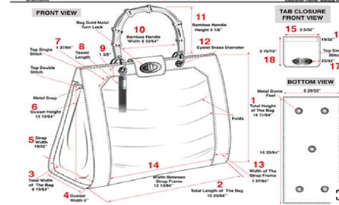Design and create a full tech pack for bags, handbags, purses, and ...