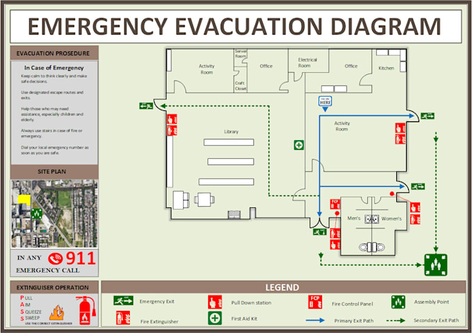 Draw fire safety and emergency evacuation plan, map, diagram by ...