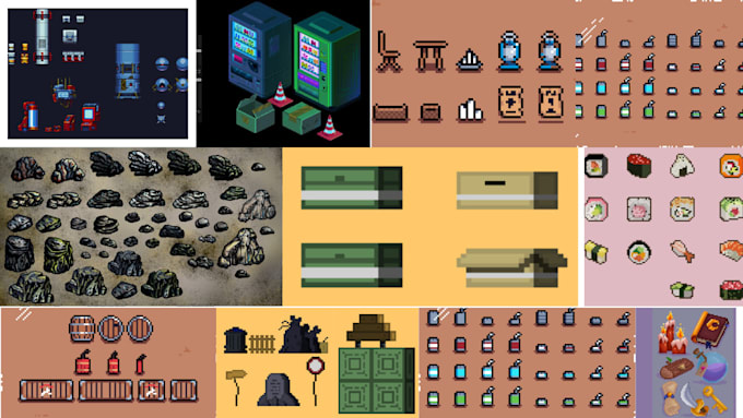 Do pixel art tileset, props, item, icons, object, game assets, top down ...