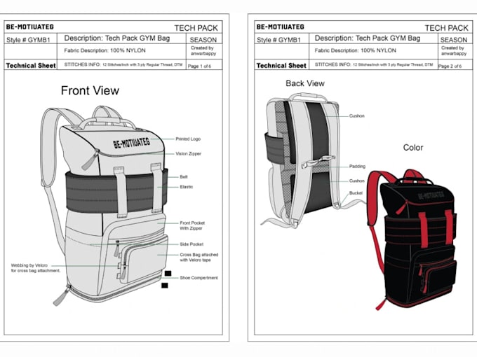 Design and create tech packs for bag duffle bags handbags tote bags ...