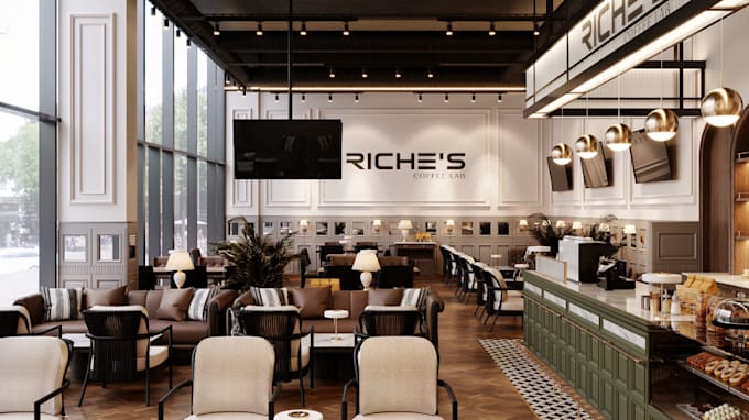 Refine 3d interior design, render modern restaurant,cafe, bar,buffet ...