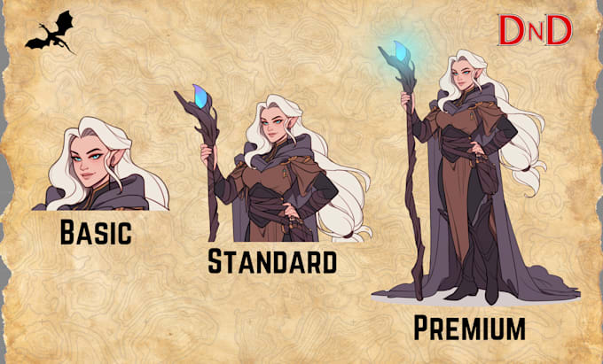 Draw dnd fantasy character designs for concept art, dungeon games