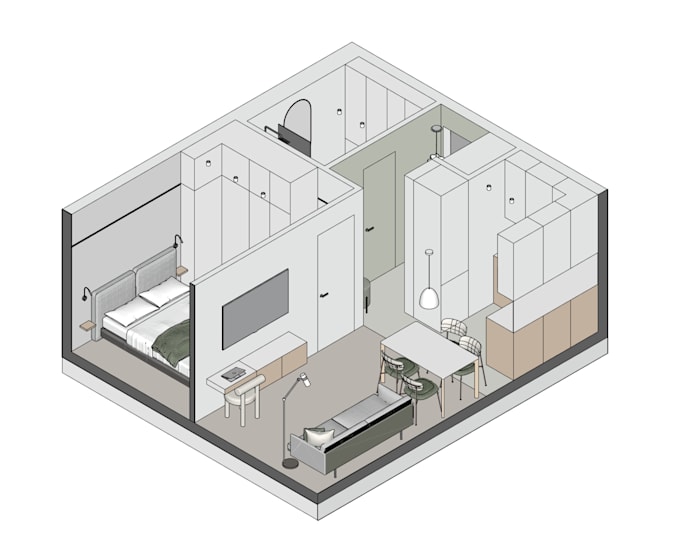 Draw floor plan, furniture layout and provide 3d axonometry by Sandrinio | Fiverr