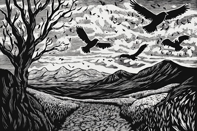 Draw niche colorful linocut and woodcut book illustrations by ...