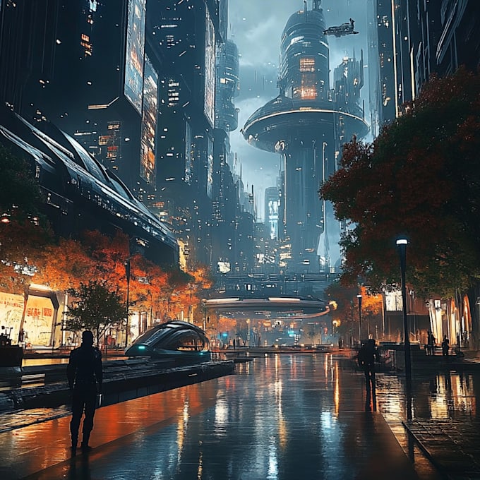 Draw a cyberpunk futuristic city art by Rhinoda | Fiverr