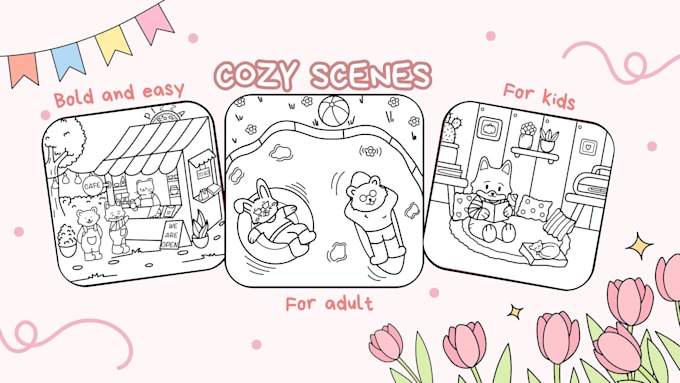 Create bold and easy coloring book with cozy scenes by Janusia_art | Fiverr