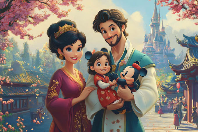Design a professional disney family portrait by Jokearter | Fiverr
