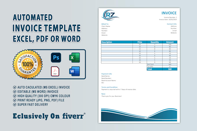 Design automated and professional invoice template in excel or pdf by Rezina1 | Fiverr