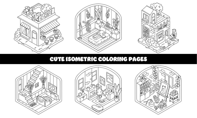 Draw cute cozy isometric rooms coloring pages for commercial use by ...