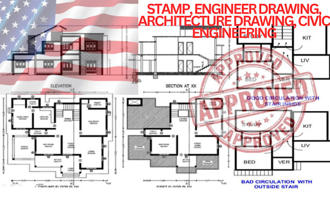 Stamp architecture drawing, house plan, engineering drawing for los ...