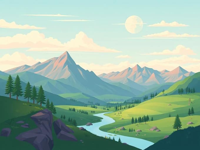Draw a flat vector landscape illustration by Luvleunt | Fiverr