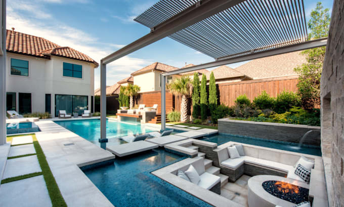 Do backyard landscape design outdoor garden, pool, pergola, 3d patio ...