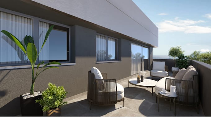 Redesign futuristic residential building, hotel rendering, terrace ...