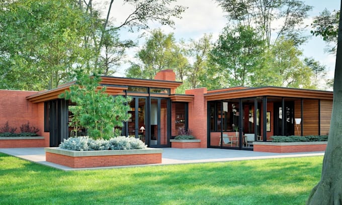 Remodel 3d existing building,usonian style house,lawn,interior render,floor plan by Diannahb ...