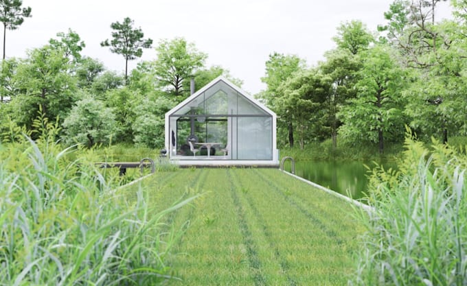 Visualize 3d lake house, glamping tent design, forest environment,glass interior by Caramshy ...
