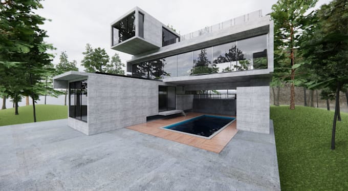 Golf simulator space,loft house, facade, villa interior,outdoor render, backyard by Gooneo | Fiverr