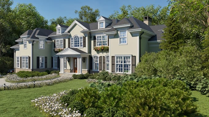 3d house render,garden environment visualization,gable house exterior ...